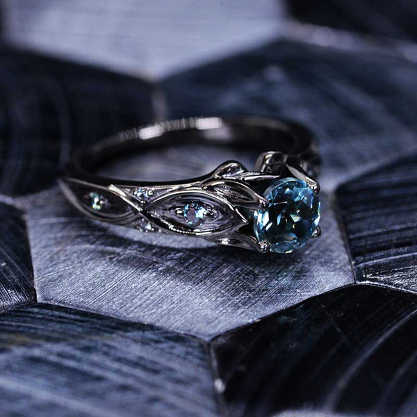 14K Black Gold Teal Sapphire Celtic Engagement Ring - Giliarto