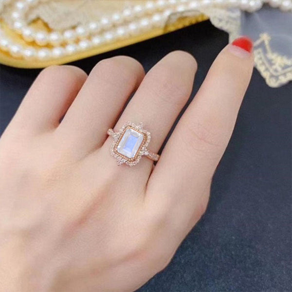 3Ct Emerald Cut Halo Genuine Moonstone Ring, Genuine Moonstone ring, V ...