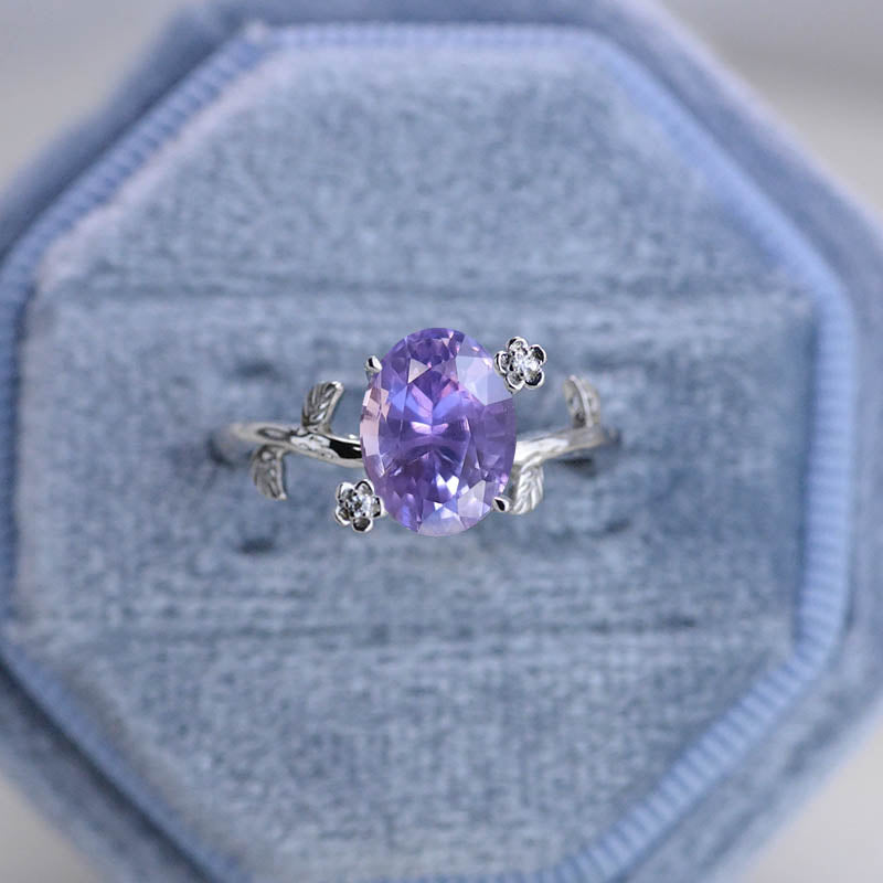 White Gold Dainty Lavender Purple Sapphire Leaf Ring, 2ct Oval Lavende ...