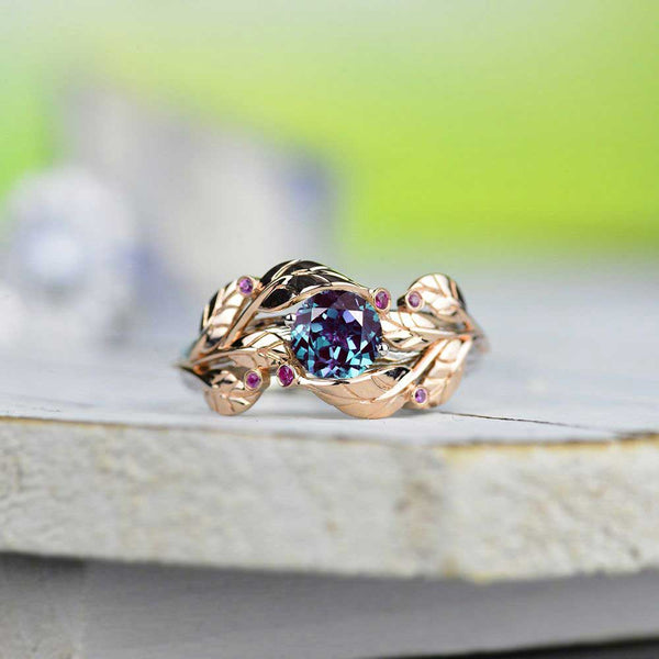 Alexandrite Engagement Ring 14K Rose and White Gold-6 Genuine Ruby Acc ...