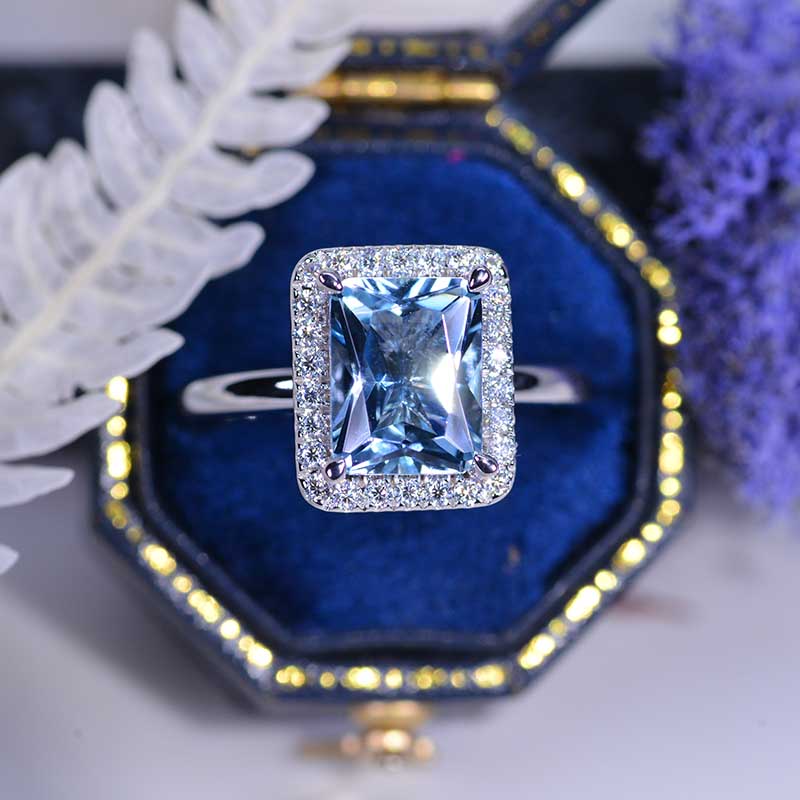 3 Carat Radiant Cut Genuine Aquamarine Halo Engagement Ring 12 14K White Gold