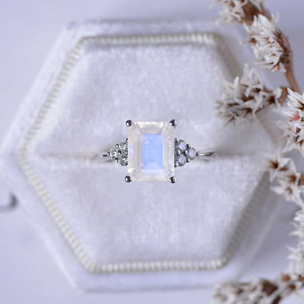 3Ct Emerald Shape Step Cut Natural Moonstone ring, Natural Moonstone s ...