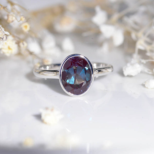 3 Carat Oval Alexandrite Bezel Set White Gold Engagement Ring - Giliarto
