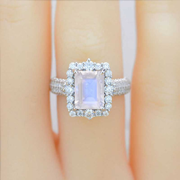 4Ct Genuine Moonstone Engagement Ring Halo Emerald Step Cut Genuine Mo ...