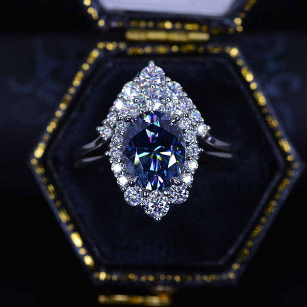 14K White Gold 2 Carat Oval Dark Gray Blue Moissanite Halo Engagement ...