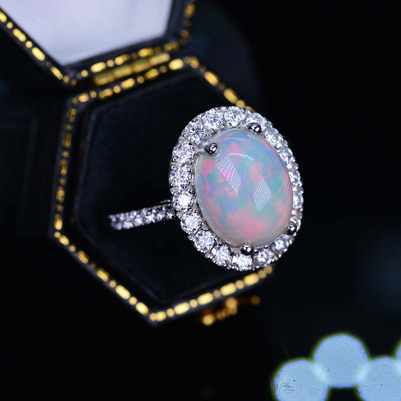 10 Carat Oval Genuine Natural White Opal Halo 14K White Gold Engagement Ring