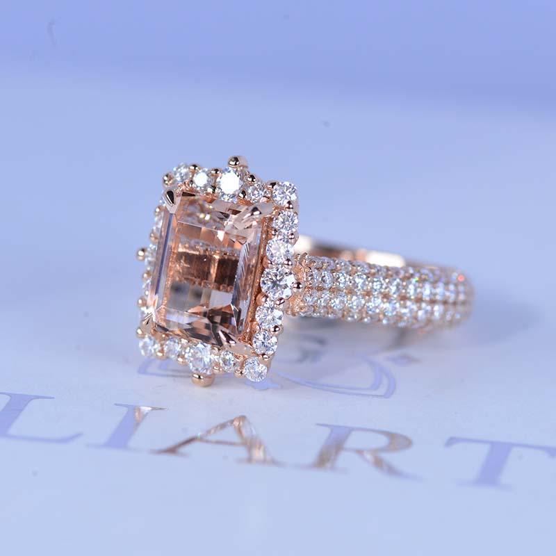 3ct Peach Sapphire Engagement Ring. Halo Emerald Cut Peach Sapphire 14K Rose Gold Engagement Ring 9x7mm Step Cut Peach Sapphire Engagement Ring 11.75