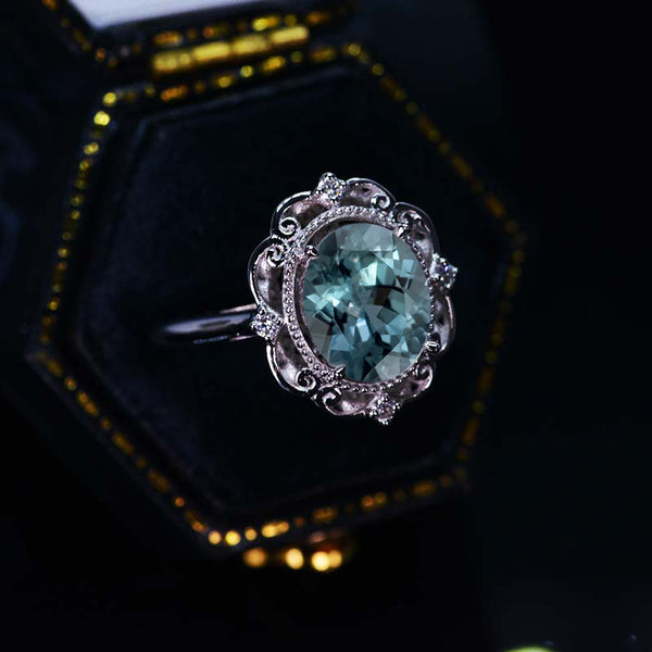 18K Solid White Gold Dainty Teal Sapphire Ring, 2ct Oval Cut Teal Sapp ...