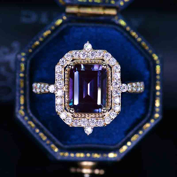 3Ct Emerald Cut Halo Alexandrite Ring, Alexandrite Ring, Alexandrite E ...