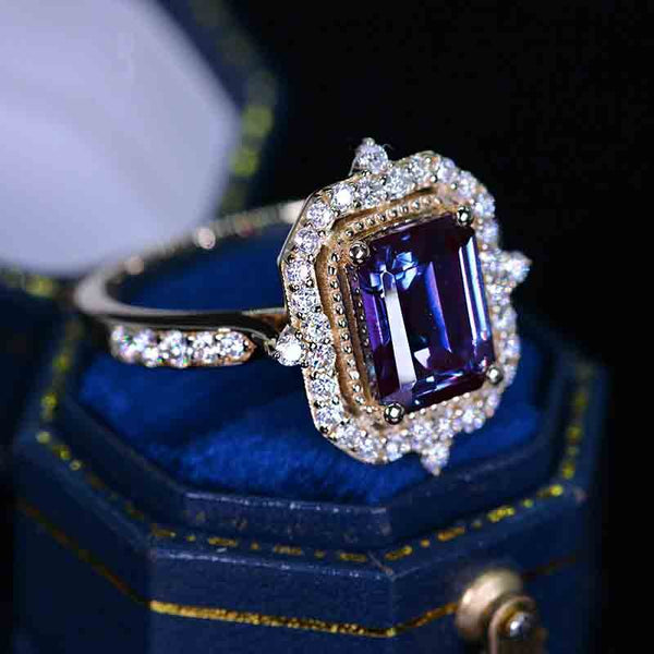 3Ct Emerald Cut Halo Alexandrite Ring, Alexandrite Ring, Alexandrite E ...