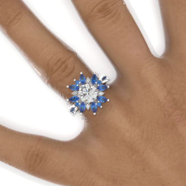 2 Carat Round Snowflake Floral Sapphire Halo Engagement Ring - Giliarto