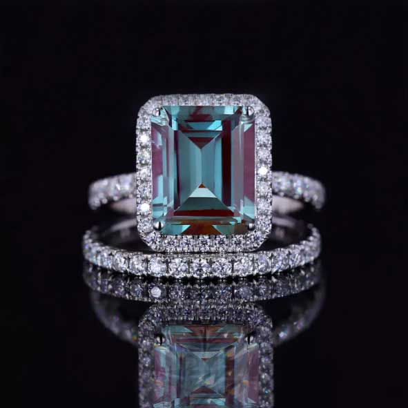 3Ct Alexandrite Engagement Ring Halo Emerald Step Cut Alexandrite Enga ...