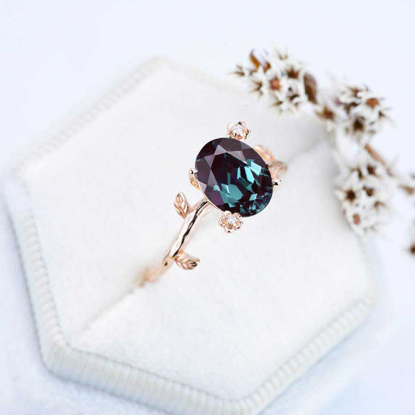 14K Rose Gold Dainty Oval Alexandrite Leaf Ring - Giliarto