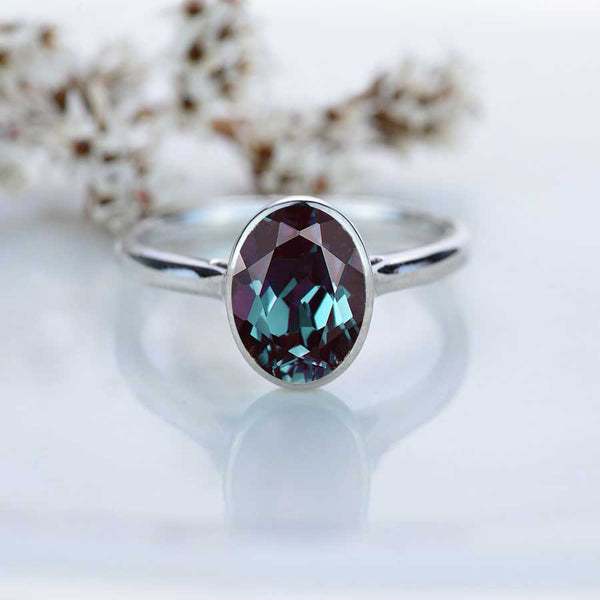 3 Carat Oval Alexandrite Bezel Set Gold Platinum Engagement Ring - Giliarto