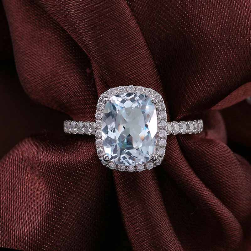 2 Carat Aquamarine Ring Aquamarine Engagement Ring Gold Aquamarine Ring Elongated Cushion Cut Engagement Ring Halo Aquamarine Ring