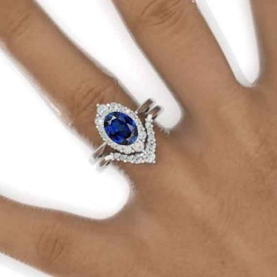 3 Carat Oval Royal Blue Sapphire Halo Engagement Ring, Promise Ring Fo ...