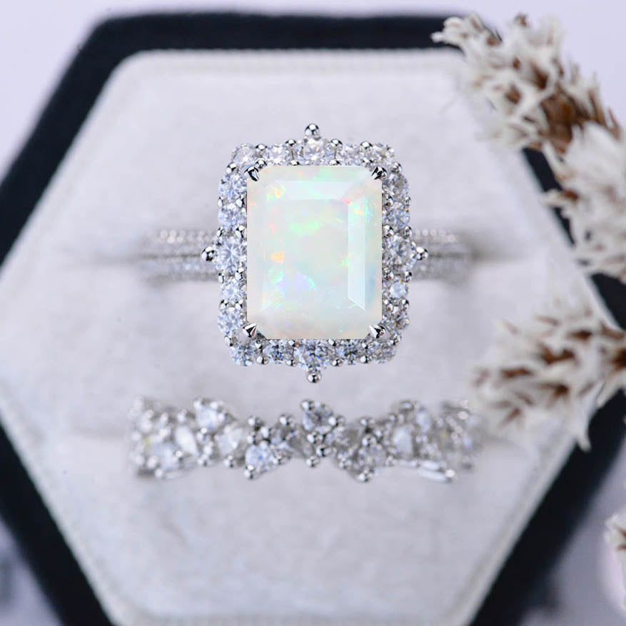 4ct White Opal Engagement Ring Halo Emerald Cut Opal Engagement Ring 10x8mm Step Cut White Opal Engagement Ring with Eternity Band