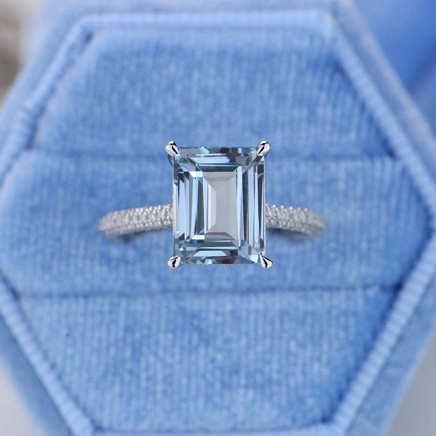 5ct Emerald Shaped Step Cut Aquamarine Ring 5 Carat Aquamarine Engagement Ring Natural Aquamarine Pave Accent Stones Hidden Halo Ring 4 14K Yellow
