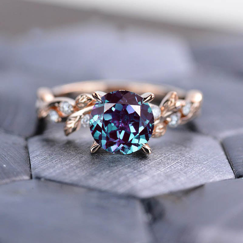 2 Carat Round Brilliant Cut Alexandrite Floral Rose Gold Engagement Ri ...