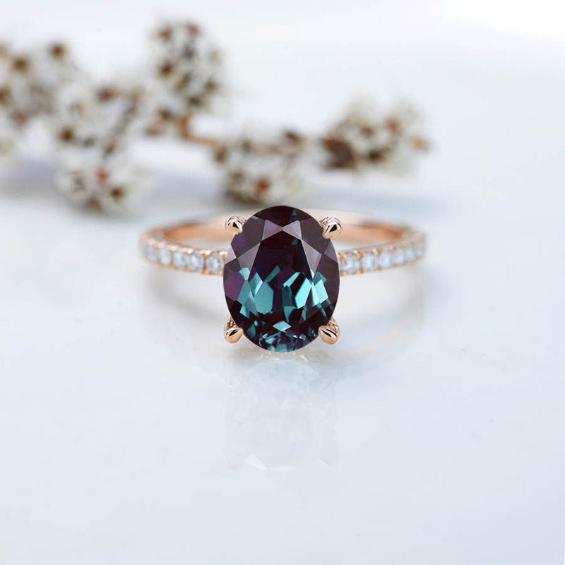 2 Carat Alexandrite Oval Cut Hidden Halo Rose Gold Engagement Ring ...