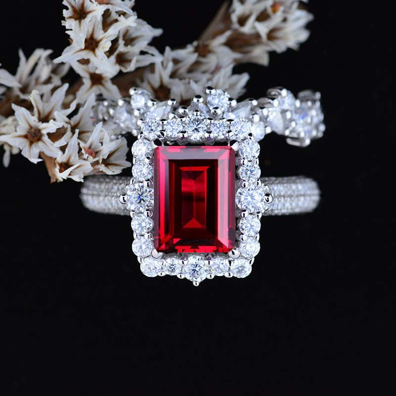 3Ct Ruby Engagement Ring Halo Emerald Cut Ruby Engagement Ring, 9x7mm ...