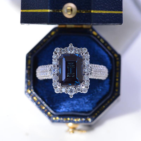 3Ct Alexandrite Engagement Ring Halo Emerald Step Cut Alexandrite Enga ...