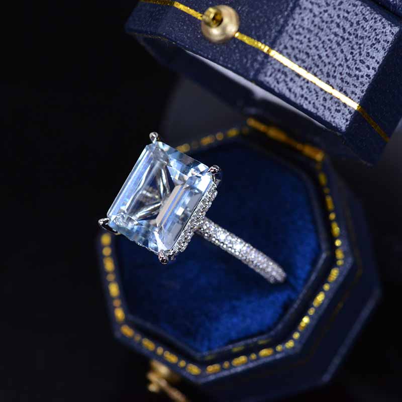 5ct Emerald Shaped Step Cut Aquamarine Ring 5 Carat Aquamarine Engagement Ring Natural Aquamarine Pave Accent Stones Hidden Halo Ring 4 14K Yellow
