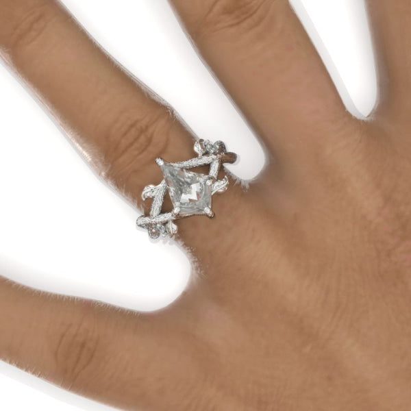 2.5 Carat Kite Moissanite Twig Floral 14K White Gold Engagement Ring ...
