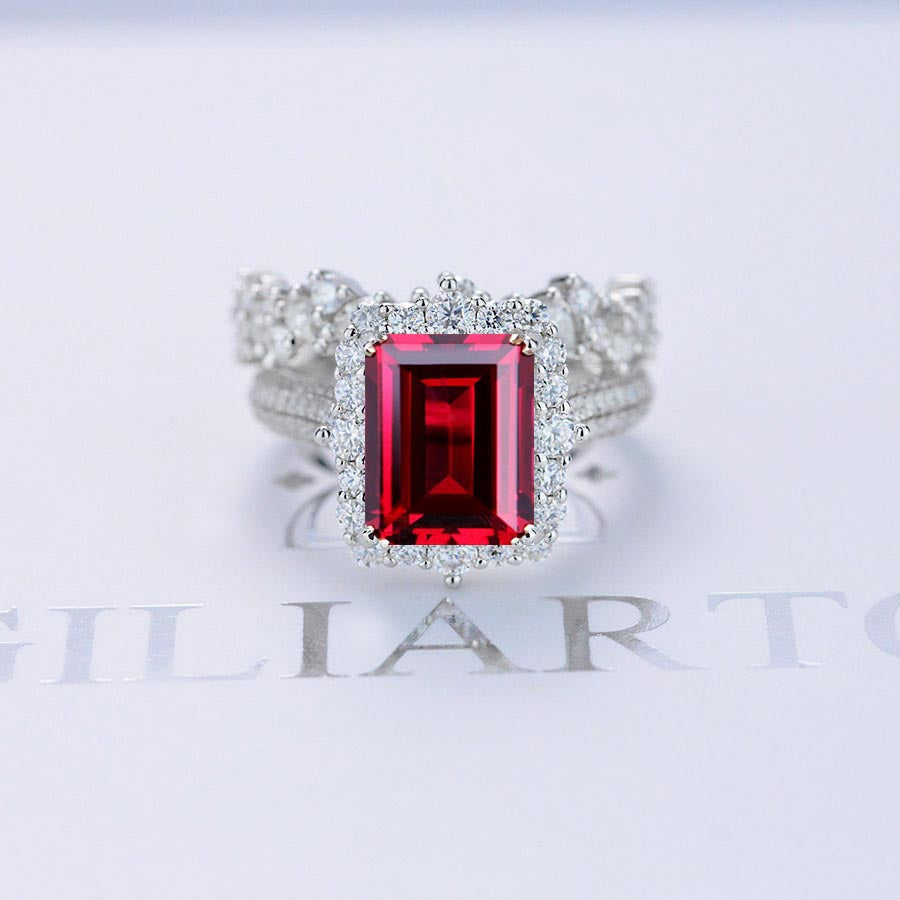 3Ct Ruby Engagement Ring Halo Emerald Cut Ruby Engagement Ring, 9x7mm ...